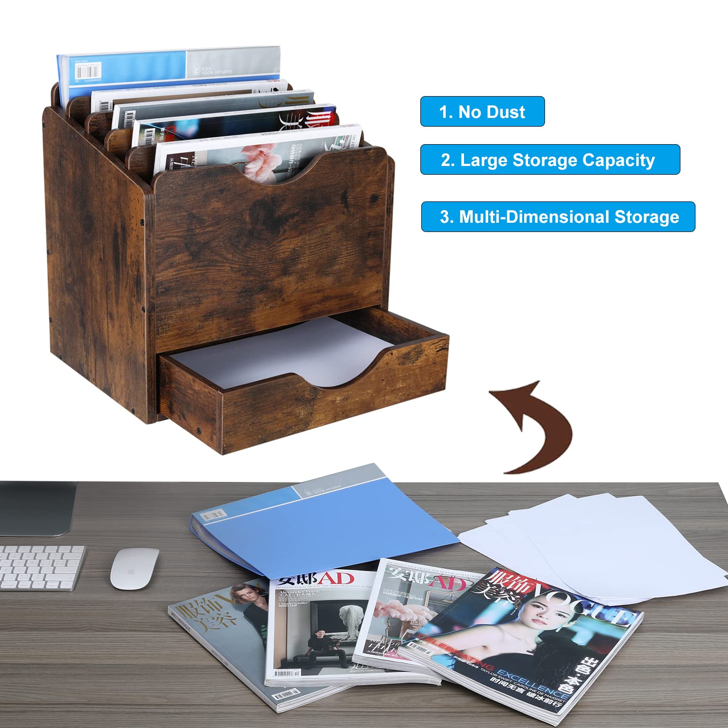 PAG Wood Desktop File Holder Organizer Mail Sorter with Drawer, for File Folders, Mails, Envelopes, Mailing Supplies or Magazines, 6 Compartments, Antique Brown