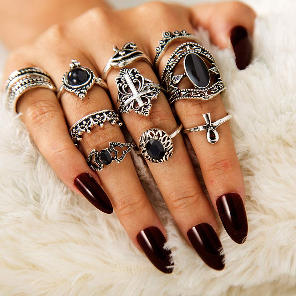 Missgrace Bohemian Retro Vintage Crystal Knuckle Ring Sets Simple Finger Black Stone Rings Midi Ring Set for Women 11Pcs (Style 5)