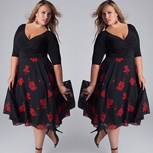 Pinkpaopao Plus Size Women Swing Dress V-Neck Loose Half Sleeve Floral Mesh Splicing Dress