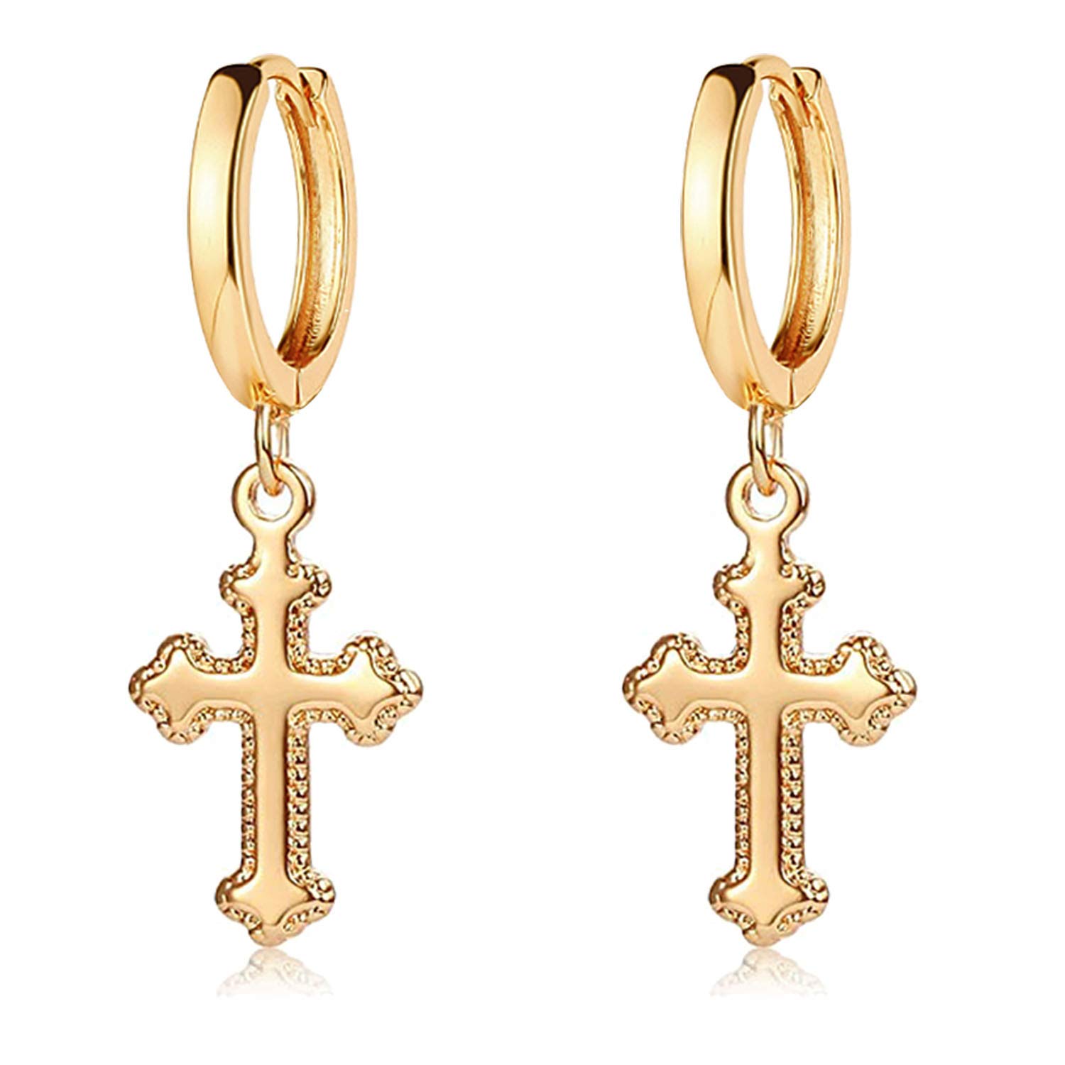 MEVECCO Tiny Cross Hoop Earrings 14K Gold Plated Dainty Minimalist Simple Faith Cross Dangle Huggie Earrings For Women Jewelry Gift