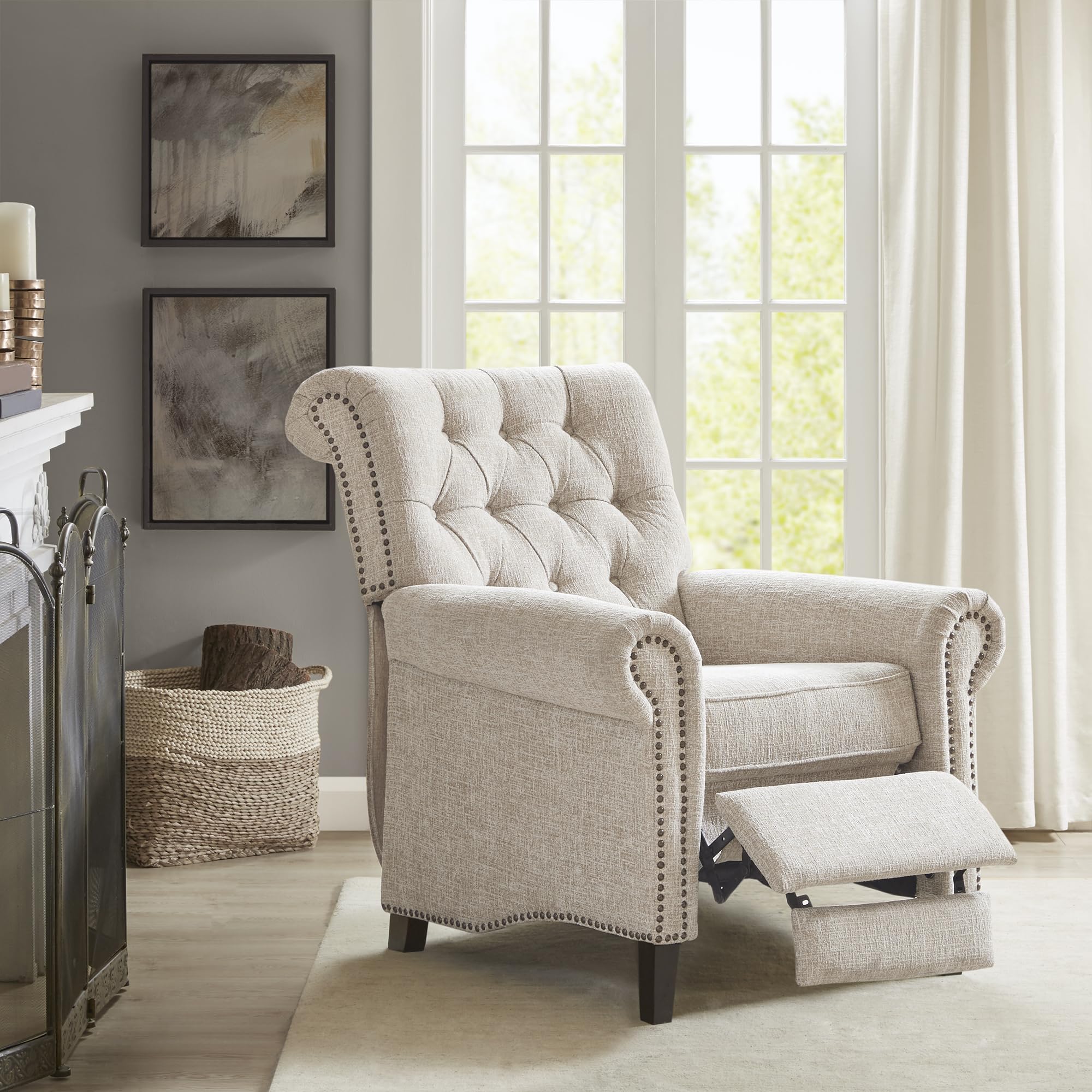 Madison Park Aidan Recliner Chair - Solid Wood, Plywood, Roled Back Button Tufted Accent Armchair Modern Classic Style Family Room Sofa Furniture, Cream