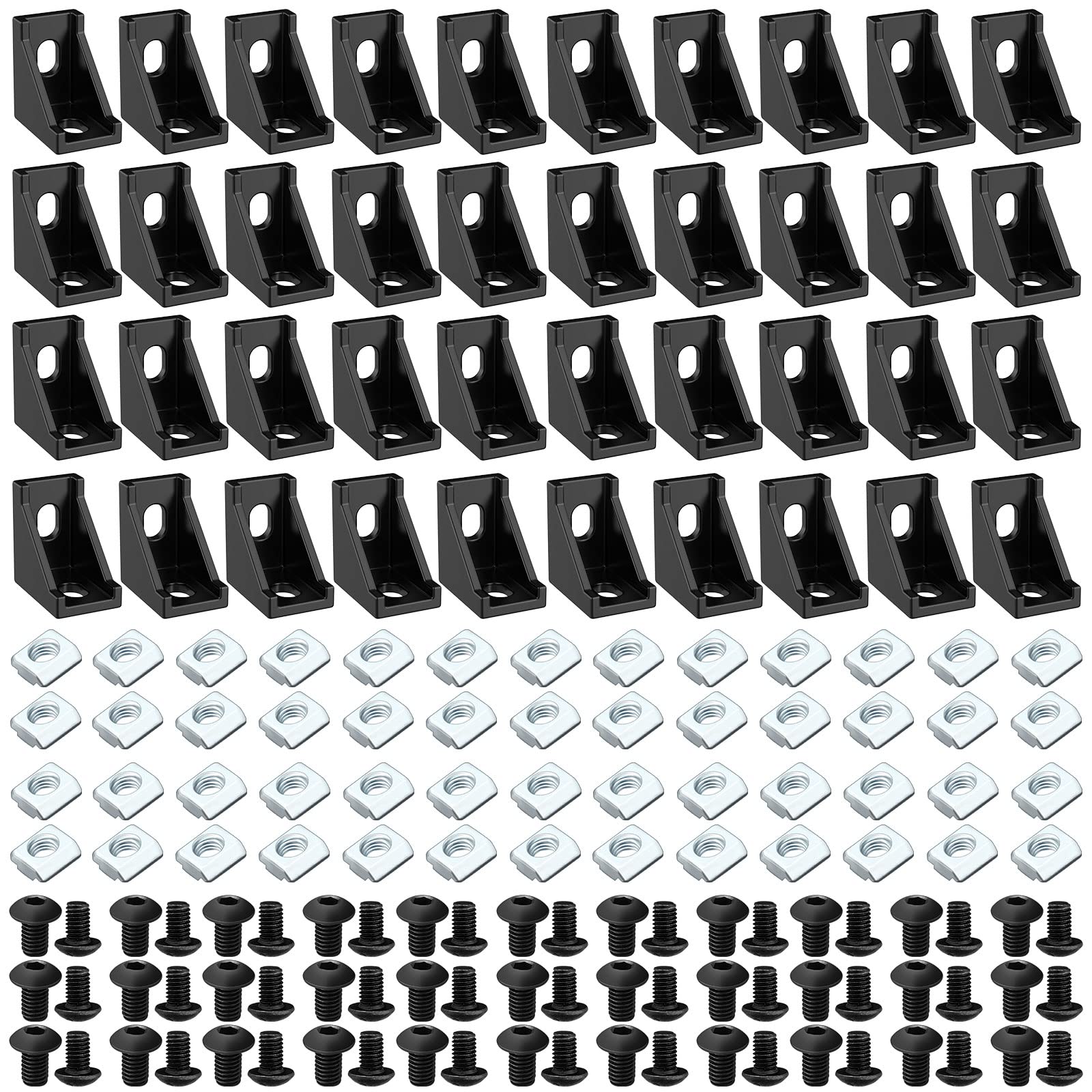 Zhengmy 50Sets 2020 Series Aluminum Profile Connector Set Including 50Pcs Corner Bracket 100 Pcs M5 T Nuts 100 Pcs M5x8 mm Hex Screw Bolt for 6 mm Slot Aluminum Profile Rail Accessories,black, silver