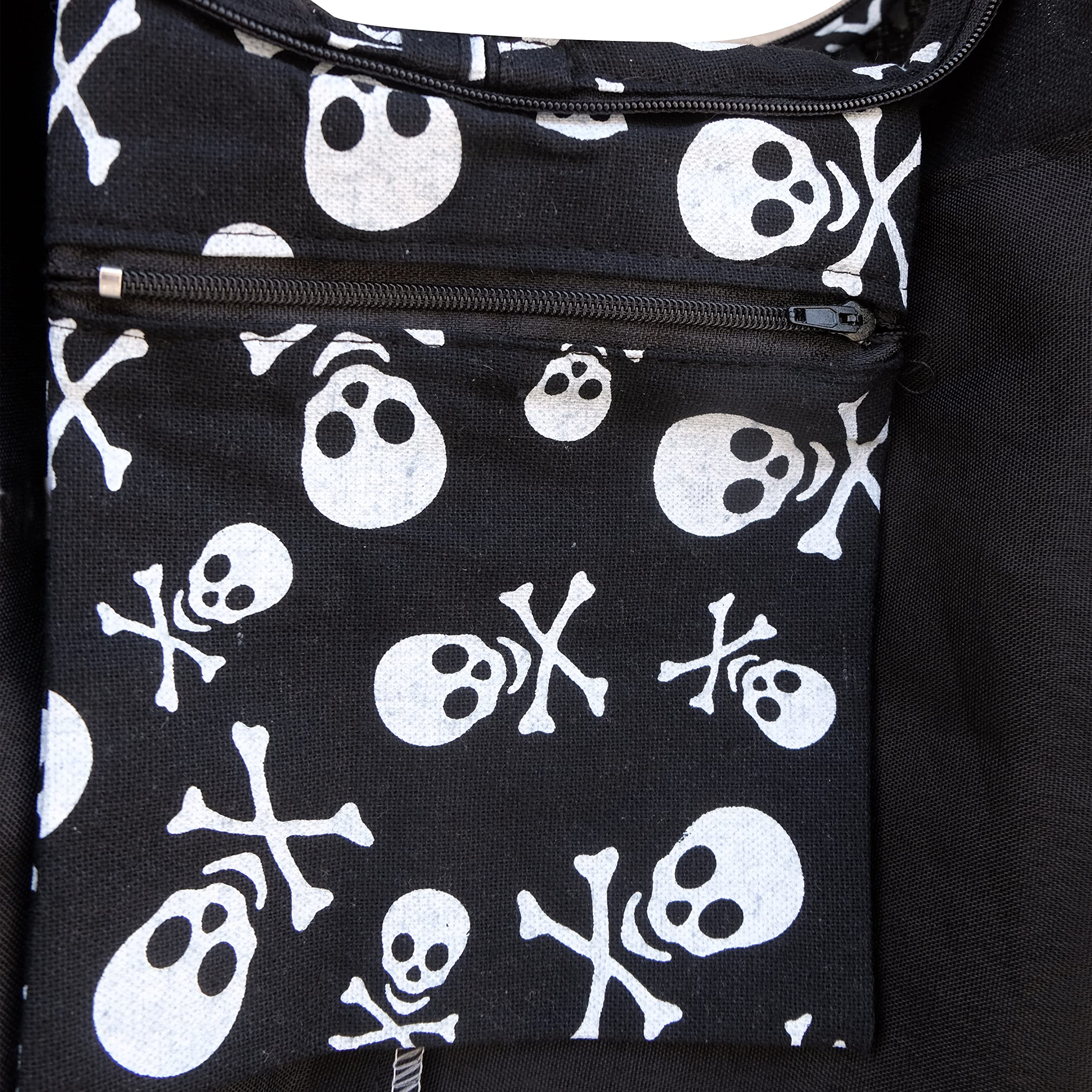 Skull Hippie style Hobo Crossbody bag Cotton sling Boho with pockets zipper purse Color Black