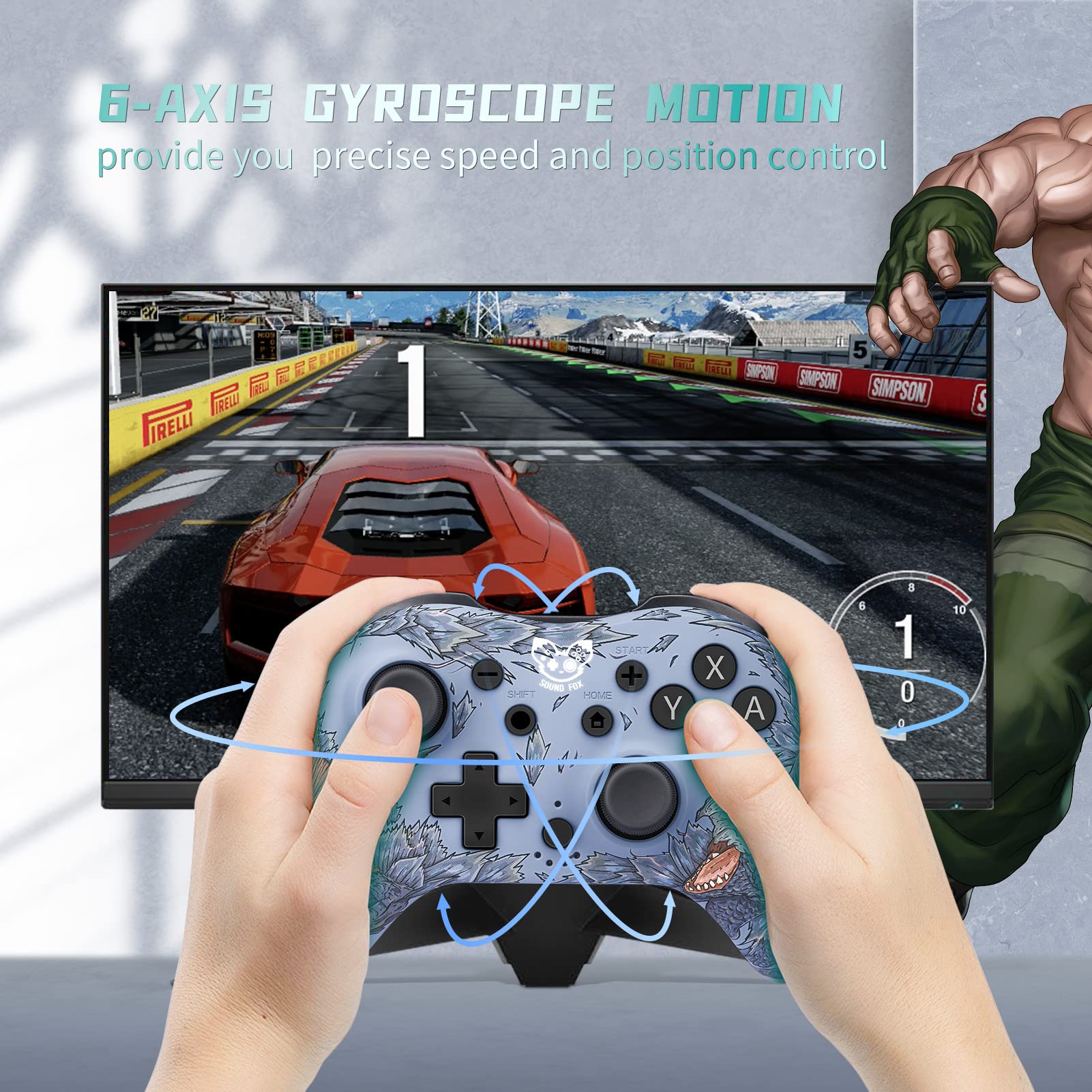 SOUND FOX Wireless Game Controller for Windows 7 8 10 PC/iPhone/Android/Switch, Dual Vibration, Motion Control, M Buttons, TURBO Function (Wireless controller-hunting 3908)