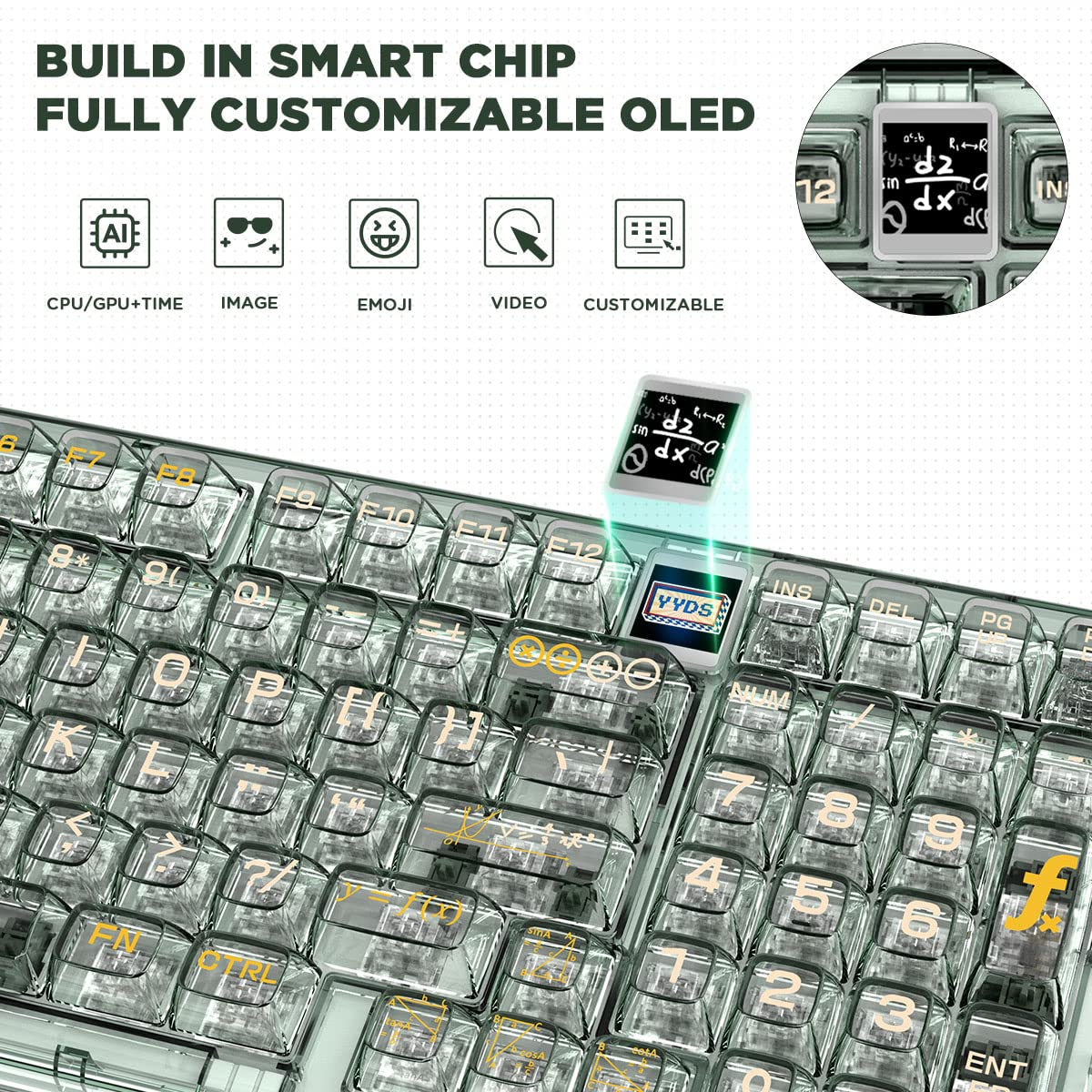 YUNZII CK98 Wireless Hot Swappable Mechanical Keyboard with OLED, 1800 Layout Transparent Acrylic Gasket Mounted Keyboard for for Windows/Mac (Ice Blade Switch, Math and Metal Box)