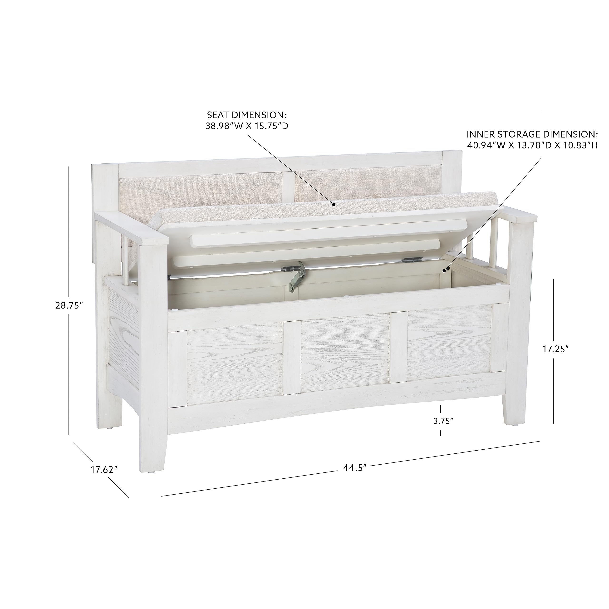 Linon Carlton White Storage Bench with Beige Upholstered Back and Cushioned Seat, Smokey Grey
