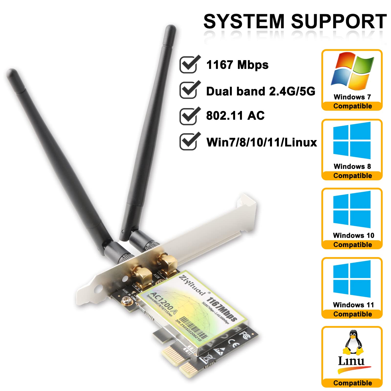 WiFi Card, Ziyituod AC1200A Dual Band Wireless Network Adapter (5G 867Mbps+2.4G 300Mbps), PCIe WiFi Card with MU-MIMO, OFDMA, Ultra-Low Latency, Heat Sink Technology, Supports Windows 11/10/8/7/Linux