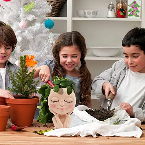 Solar-Face Flower Pot Head Planter Pots - LED String Lights Warterproof Resin Succulent Cactus Planters Pots with Drainage Hole Cute Lady Closed Eyes Indoor Outdoor Garden Decor (Large)