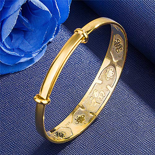 L & J 18K Yellow Gold Diamond Cut Classical Adjustable Bangle Bracelet for Women