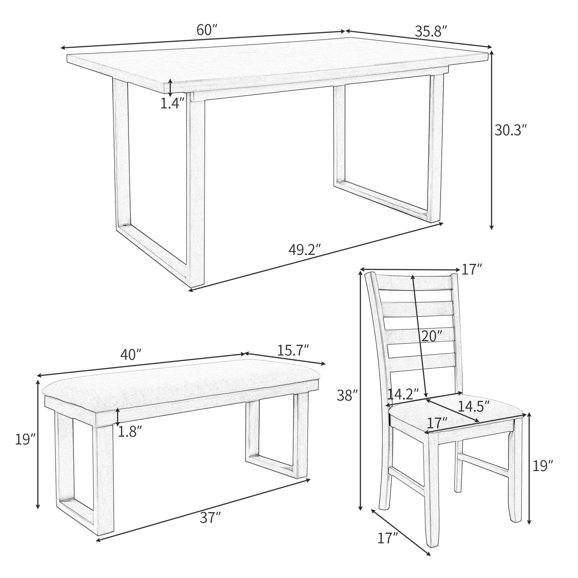 Quarte Wood Dining Table Set, Rrectangle Table and 4 Chairs with Bench, Kitchen Family Furniture Set of 6, Rustic Style