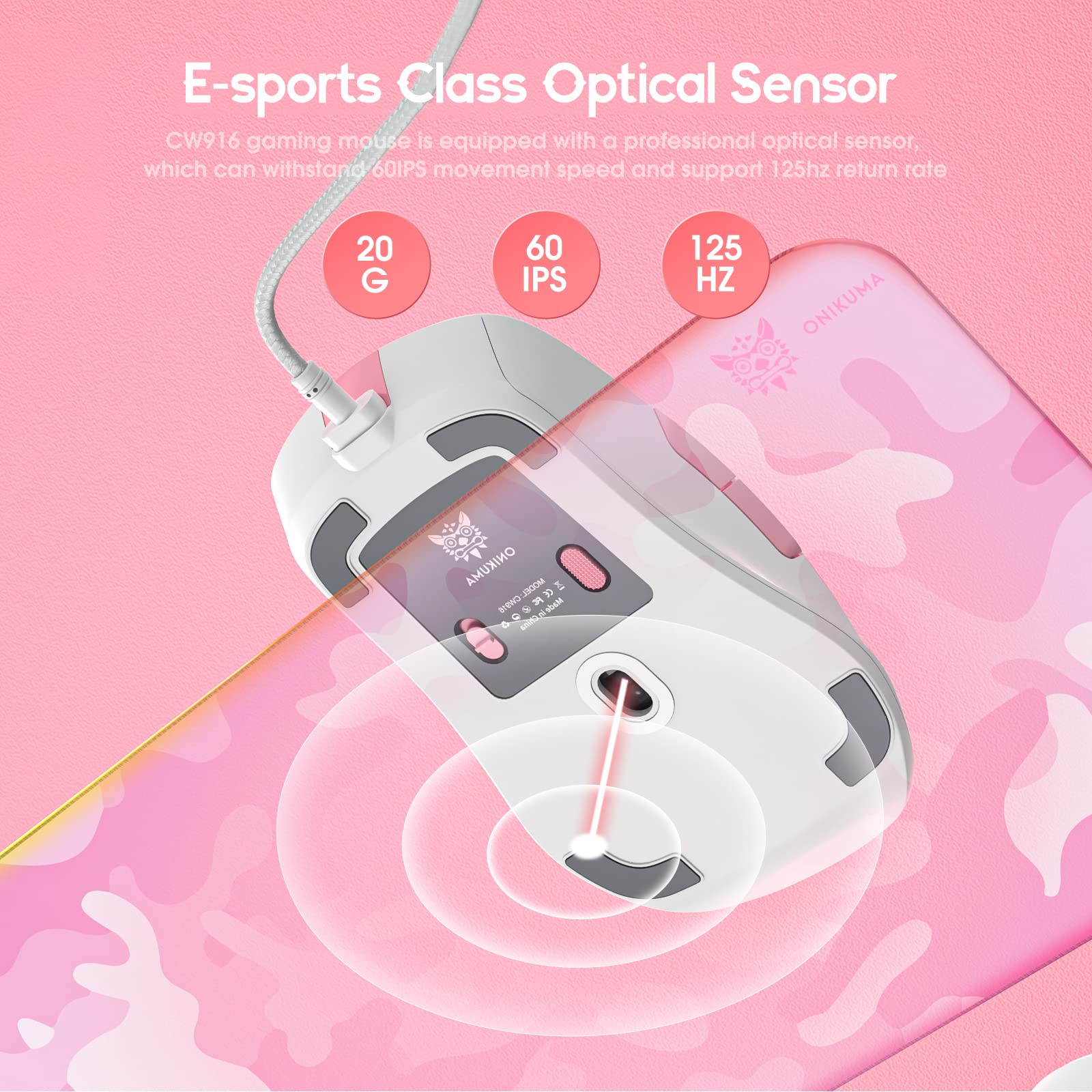 Pink Mouse Ergonomic Gaming Wired Mouse, Color-Blocking Design Mice with 6 Adjustable DPI Up to 7000 and 13 Color Backlight, Pink PC Gaming Mice for Office/Windows/Mac and Laptop (CW916)