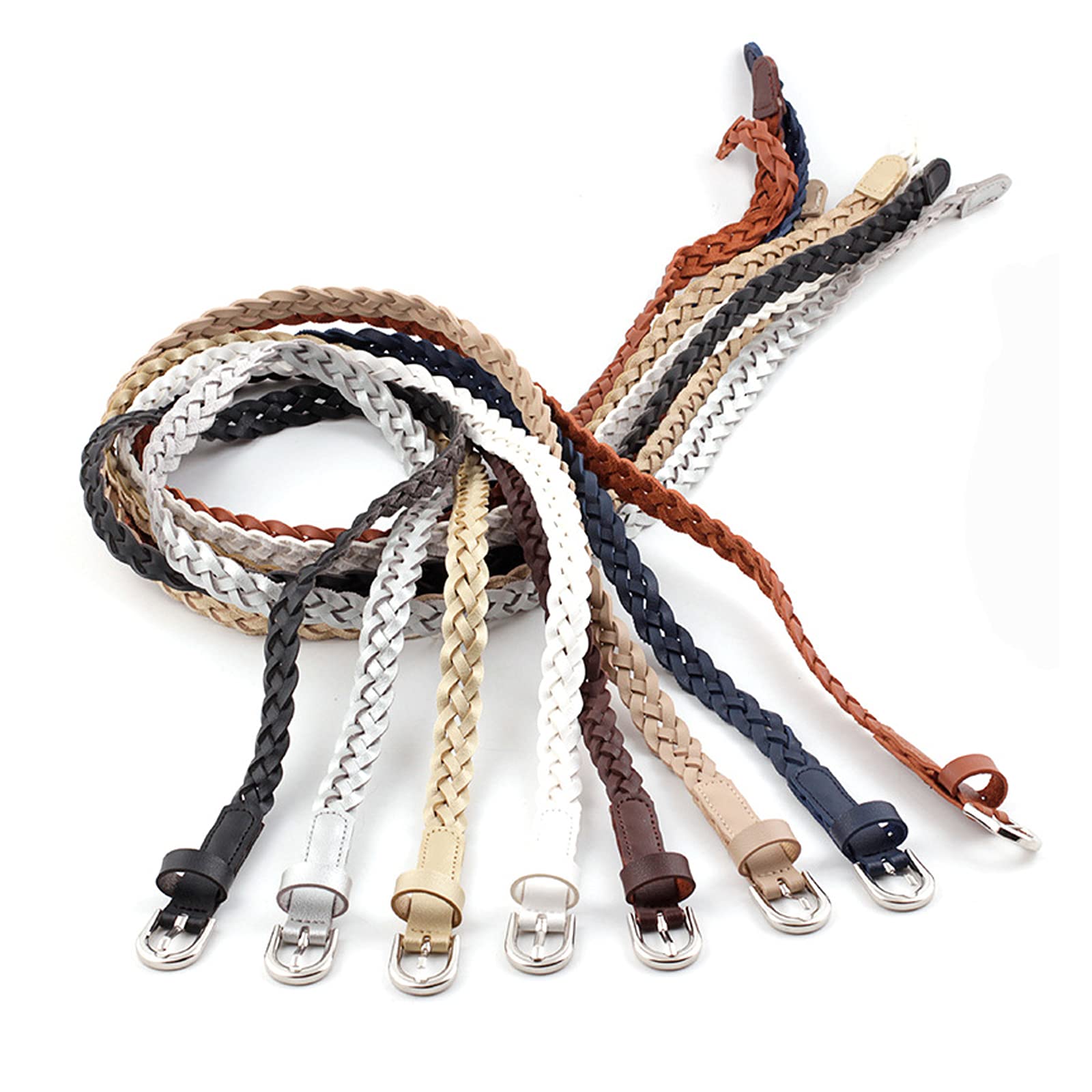 LARATH Women's Braided Leather Thin Belt Skinny Woven Waist Belts with Metal Buckle