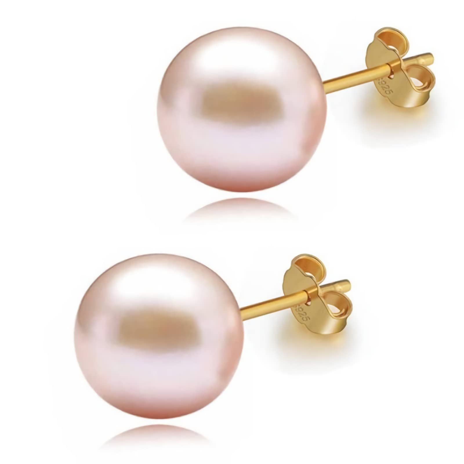 pink pearl 18K Gold stud Earrings for women Ladies GirlïŒHandpicked Genuine Freshwater aquaculture Cultured AAAA+ Pearls (pink-8mm)