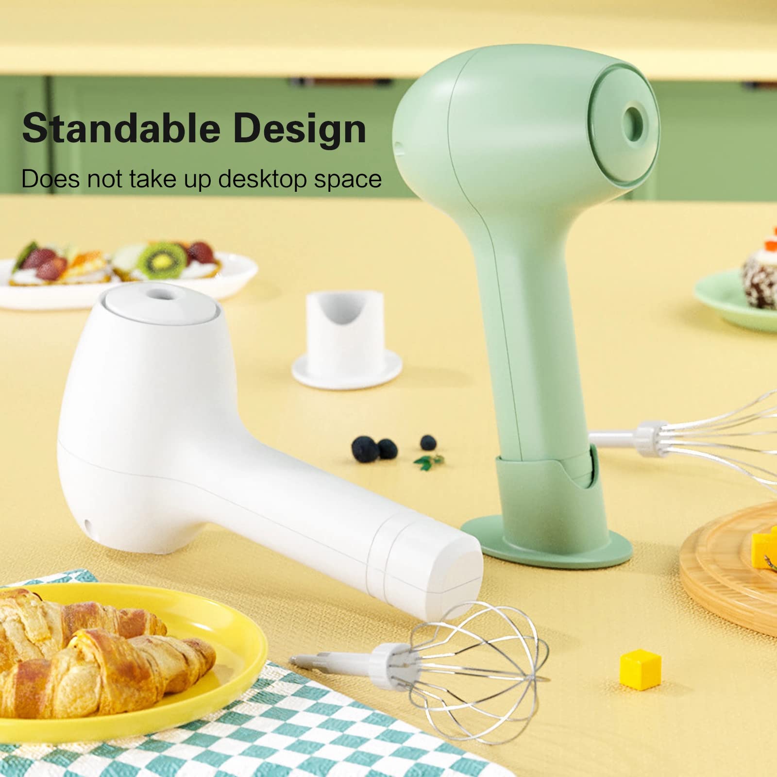 MOSHOU Cordless Hand Mixer, 3 Speed Electric Whisk USB Rechargeable Handheld Electric Mixer, 304 Stainless Steel Beaters & Whisk, for Lattes, Butter, Cakes,Egg, Milk, Cookies (Green)