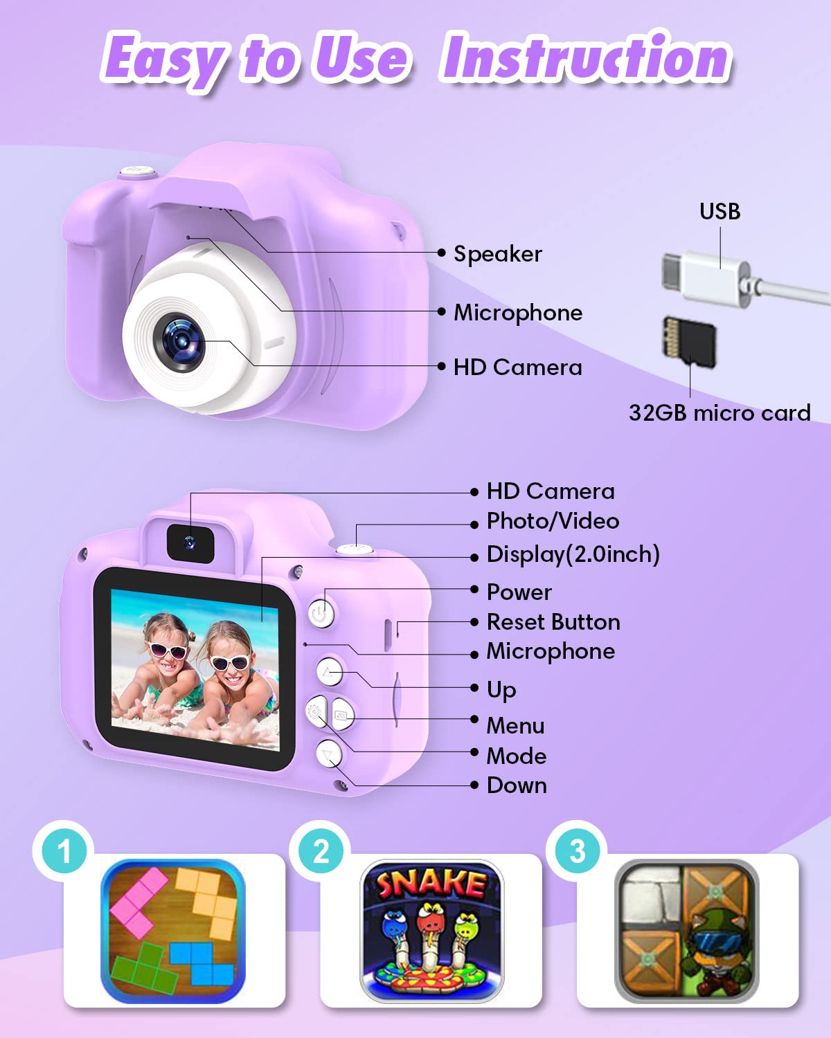 Slothcloud X5 Kids Digital Camera, Unicorn-Purple, 32GB Memory, Anti-Drop Silicone, 1080P Video, Multi-Functions, Selfie, Gift for Children
