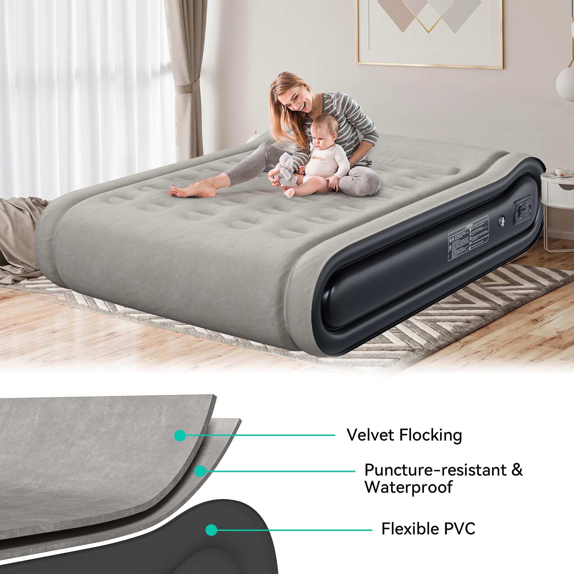 YITAHOME 18'' Flocked Top Queen Air Mattress with External Pump and Headboard, Durable Inflatable Bed, Blow-Up Mattress for Indoor and Outdoor Use, Brown