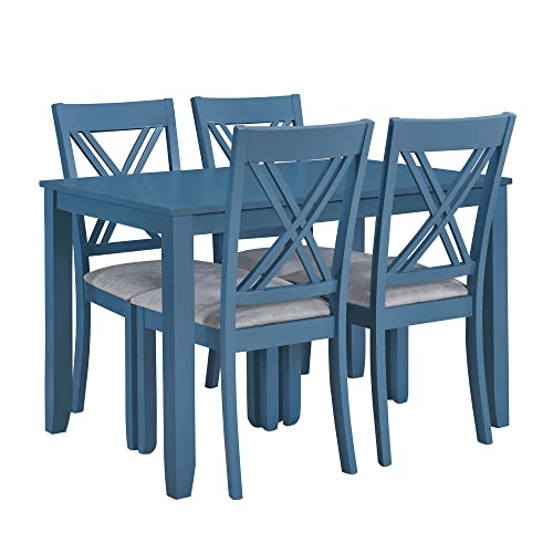 Lepfun Rustic Minimalist Style Wooden 5-Piece Table Set with 4 X-Back Upholstered Chairs for Apartment,Living, Dining Room and Small Places,Breakfast Nook,Easy to Assemble,Blue
