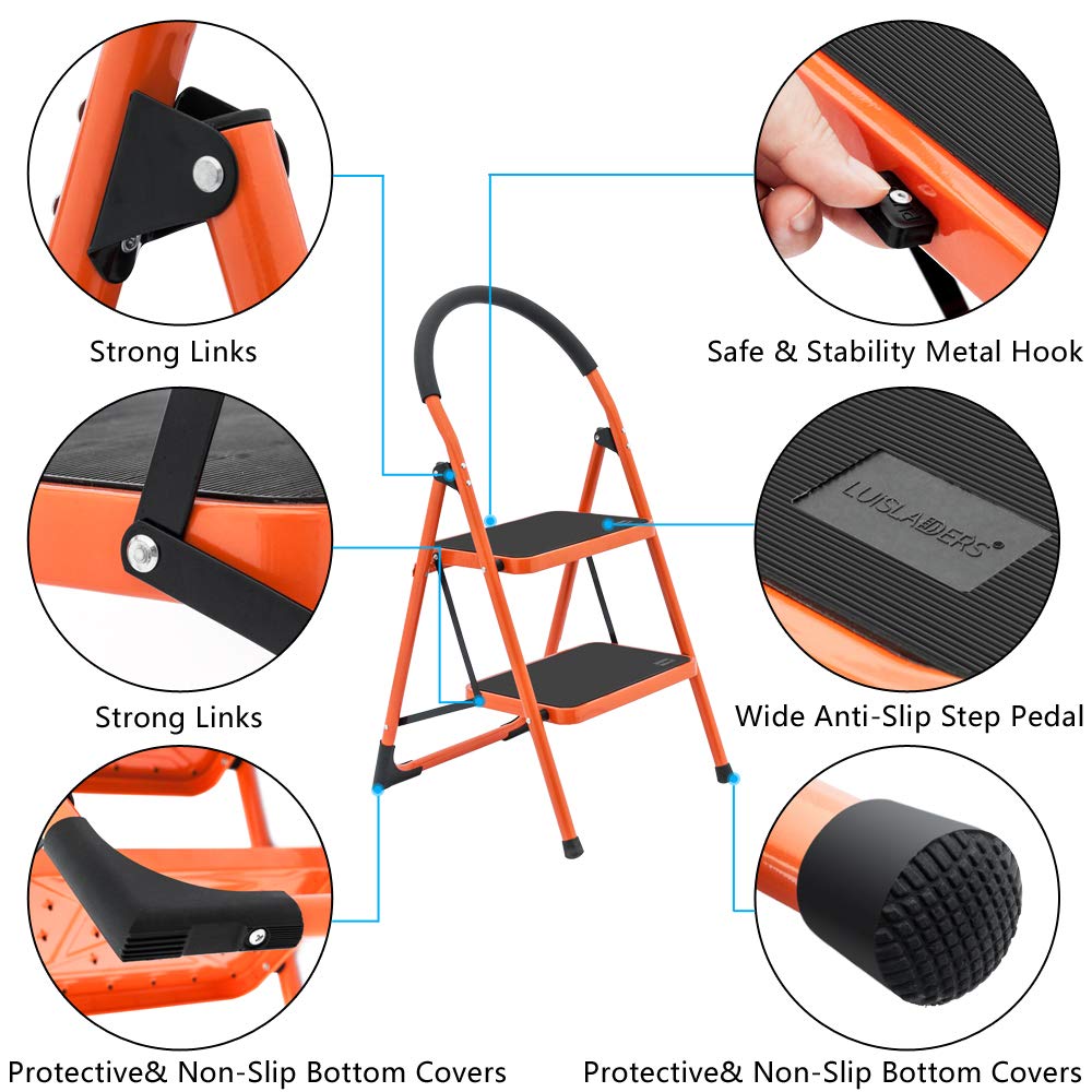 LUISLADDERS Step Ladder Folding Step Stool Anti-Slip Sturdy Steel Ladder 330lbs EN131 Lightweight with Handgrip Anti-Slip and Wide Pedal