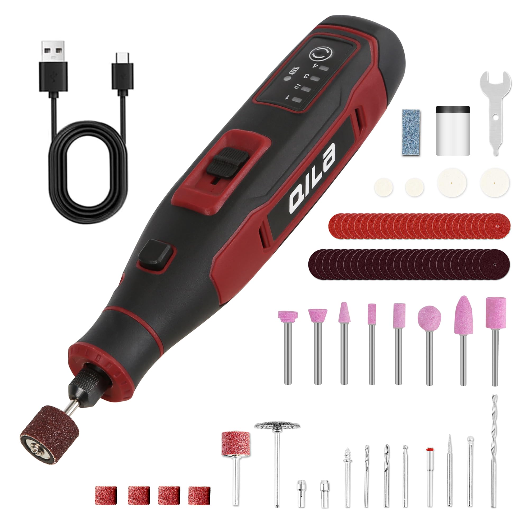 Rotary Tool, QILA Cordless Rotary Tool Kit, 4 Varable Speed Powered Rotary Tool 8000-25000 RPM with 81 Accessories Type-C Charging Rotary Drill for Engraving Etching Sanding Polishing Cutting etc