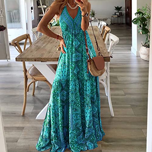 Pinkpaopao Women's Halter Neck Maxi Dress High Waisted Patchwork Ruched Backless Tie Ups Straps Printed Dress