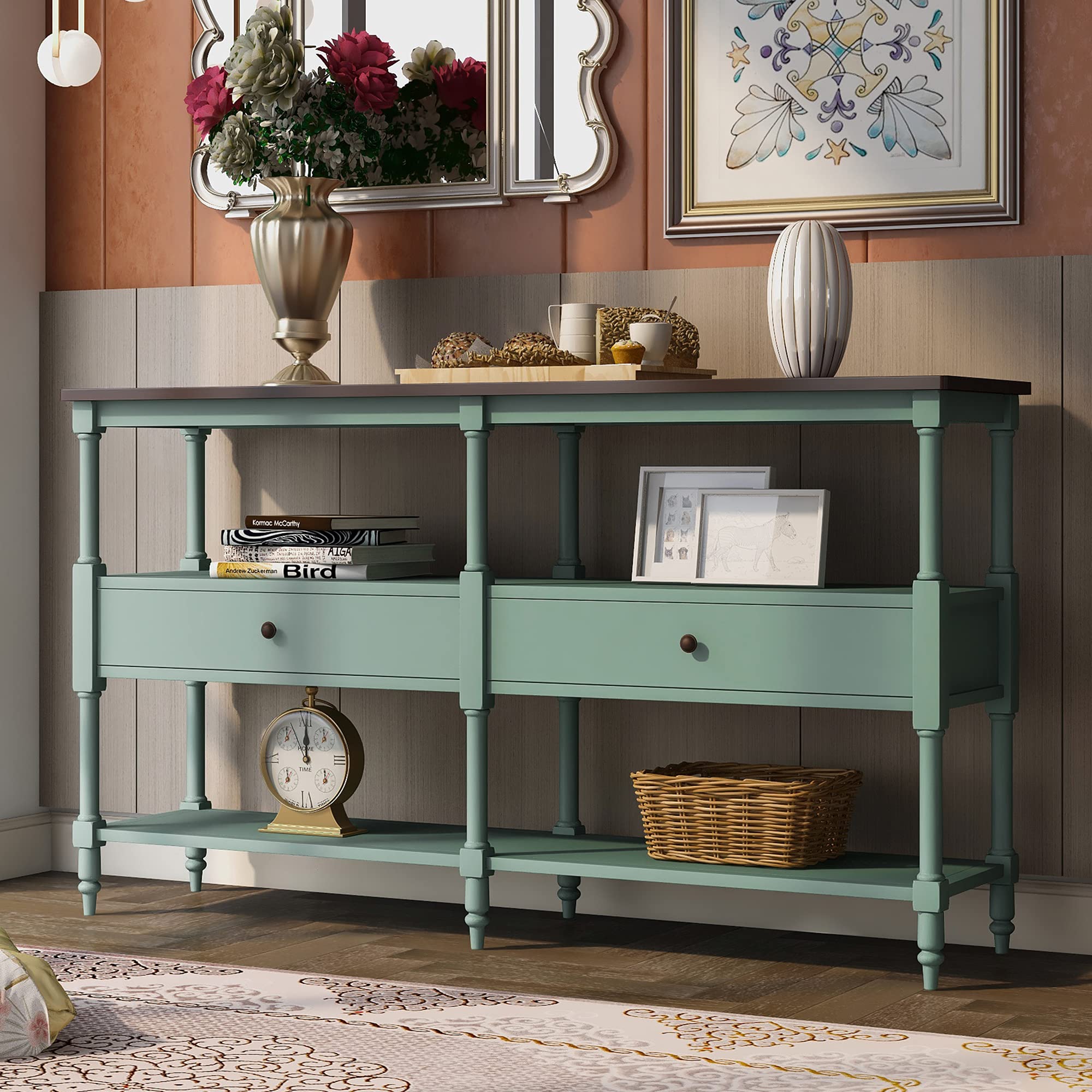 Merax Entryway Table Retro Style Console Table Sofa Table with 3-Tier Open Storage Shelf and 2 Drawers for Living Room Hallway (Cherry and Antique Blue)