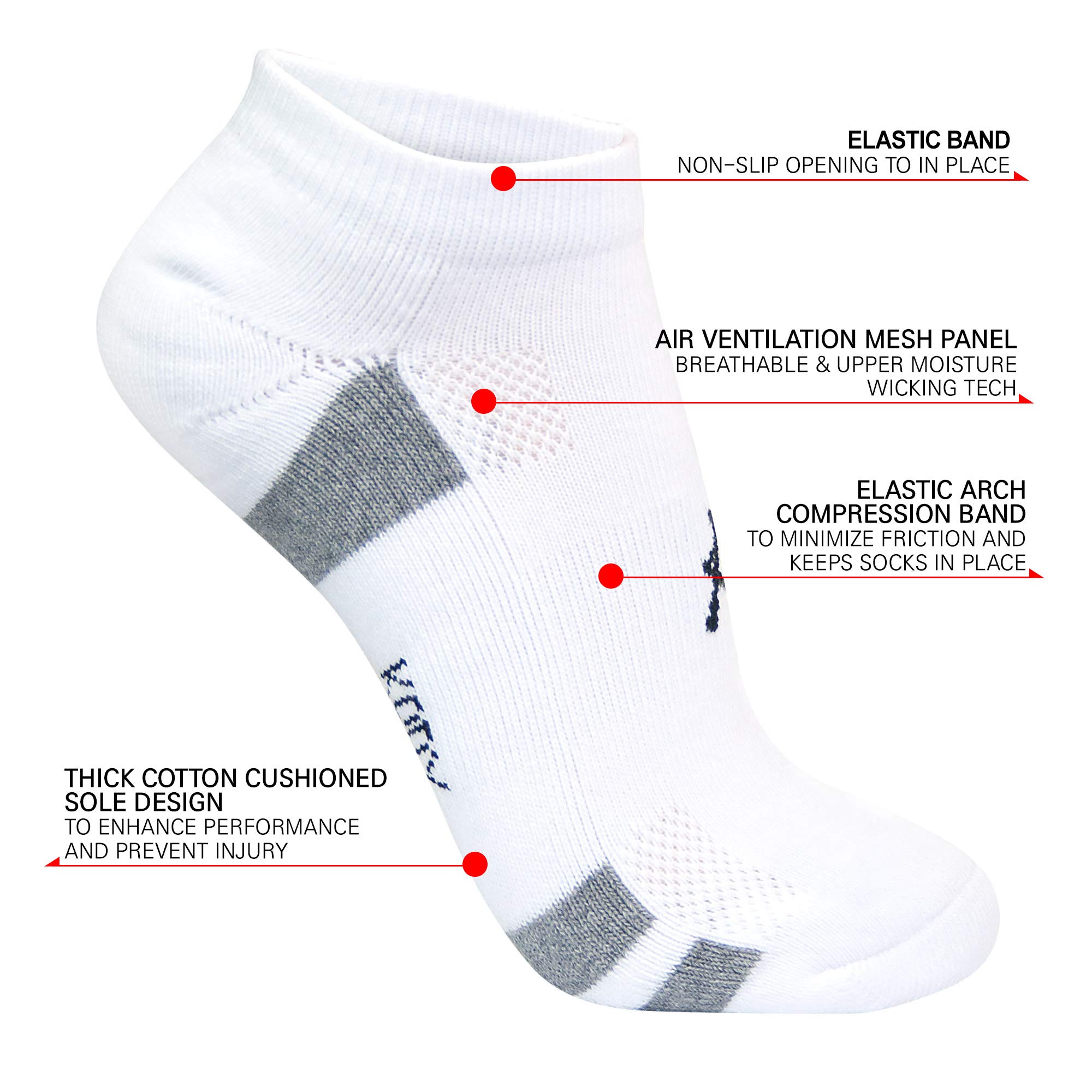 KONY Women's 6 Pairs Thick Cotton Cushioned Low Cut Ankle White Athletic Socks Mesh No Show Running Socks Size 6-9 (White - 6 Pairs)