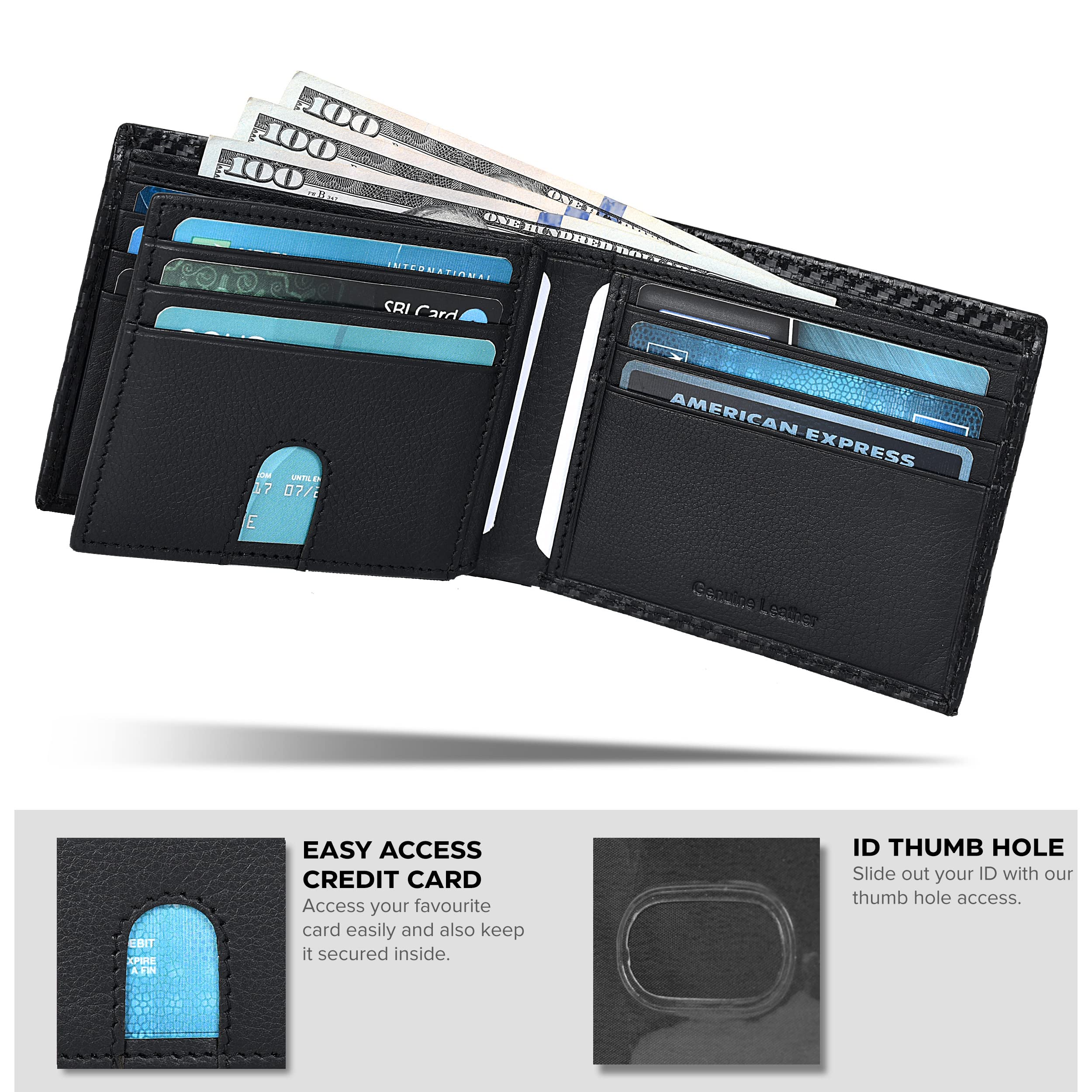 Real Leather Bifold Wallet for Men - Billfold Wallets with Credit Cards 1 ID Window Slim Minimalist Front Pocket (Pitch.)