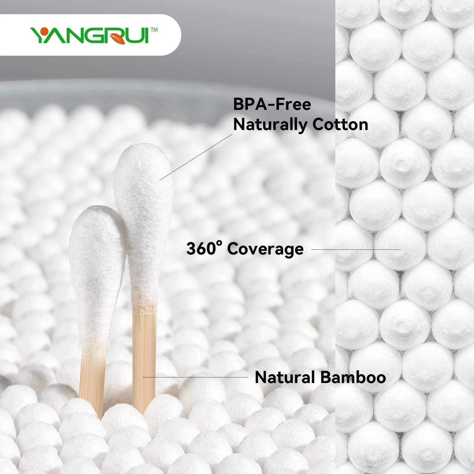 YANGRUI Cotton Swab, 375 Count Bamboo Stick BPA Free Naturally Pure Double Round Ear Swabs White Cotton Buds (Pack of 1)