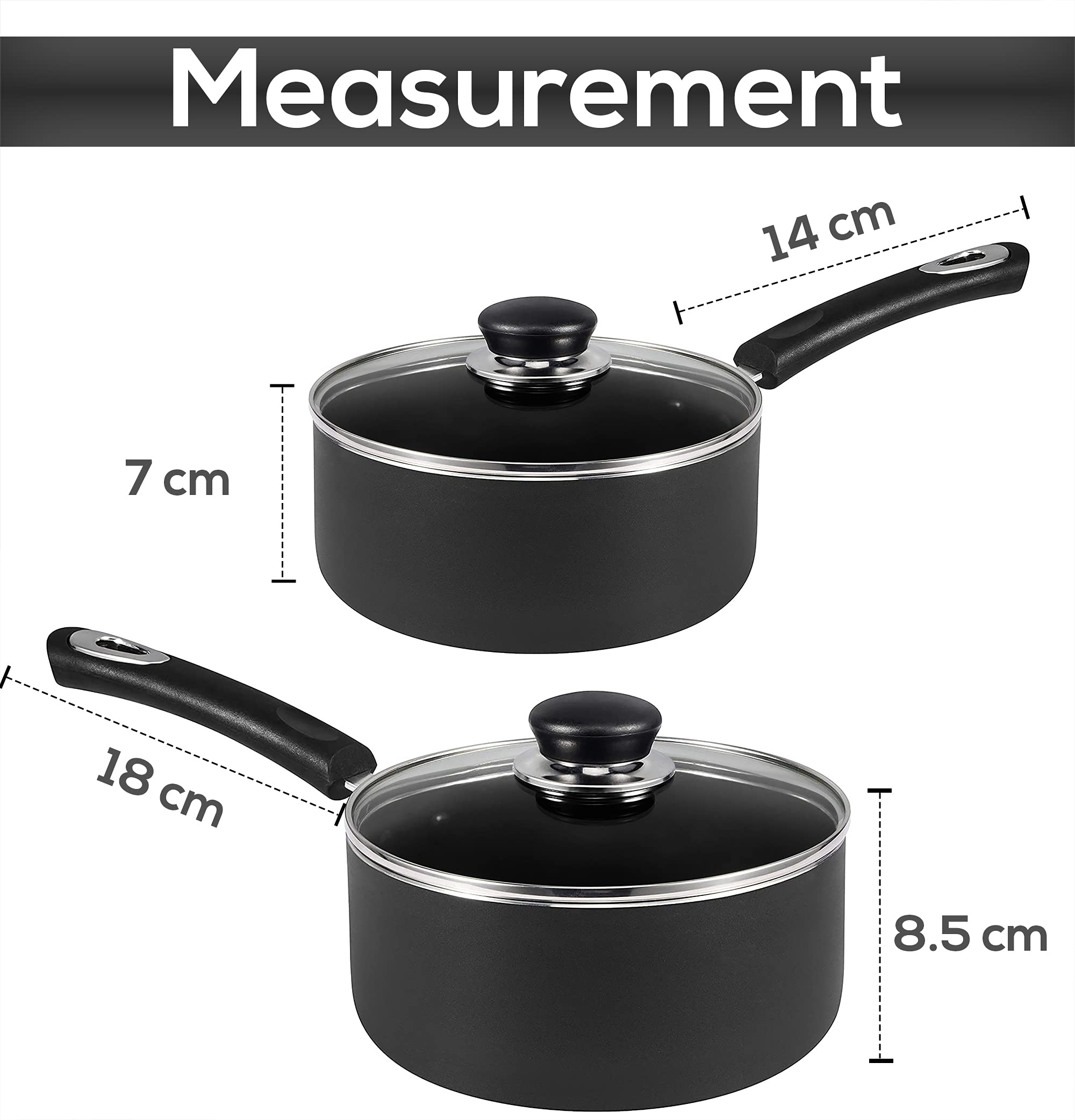 Utopia Kitchen 1 Quart & 2 Quart Nonstick Saucepans with Glass Lids & along with 8β 9β & 11β Nonstick Frying Pan - Induction Bottom - Multipurpose Use for Home Kitchen or Restaurant - Grey-Black