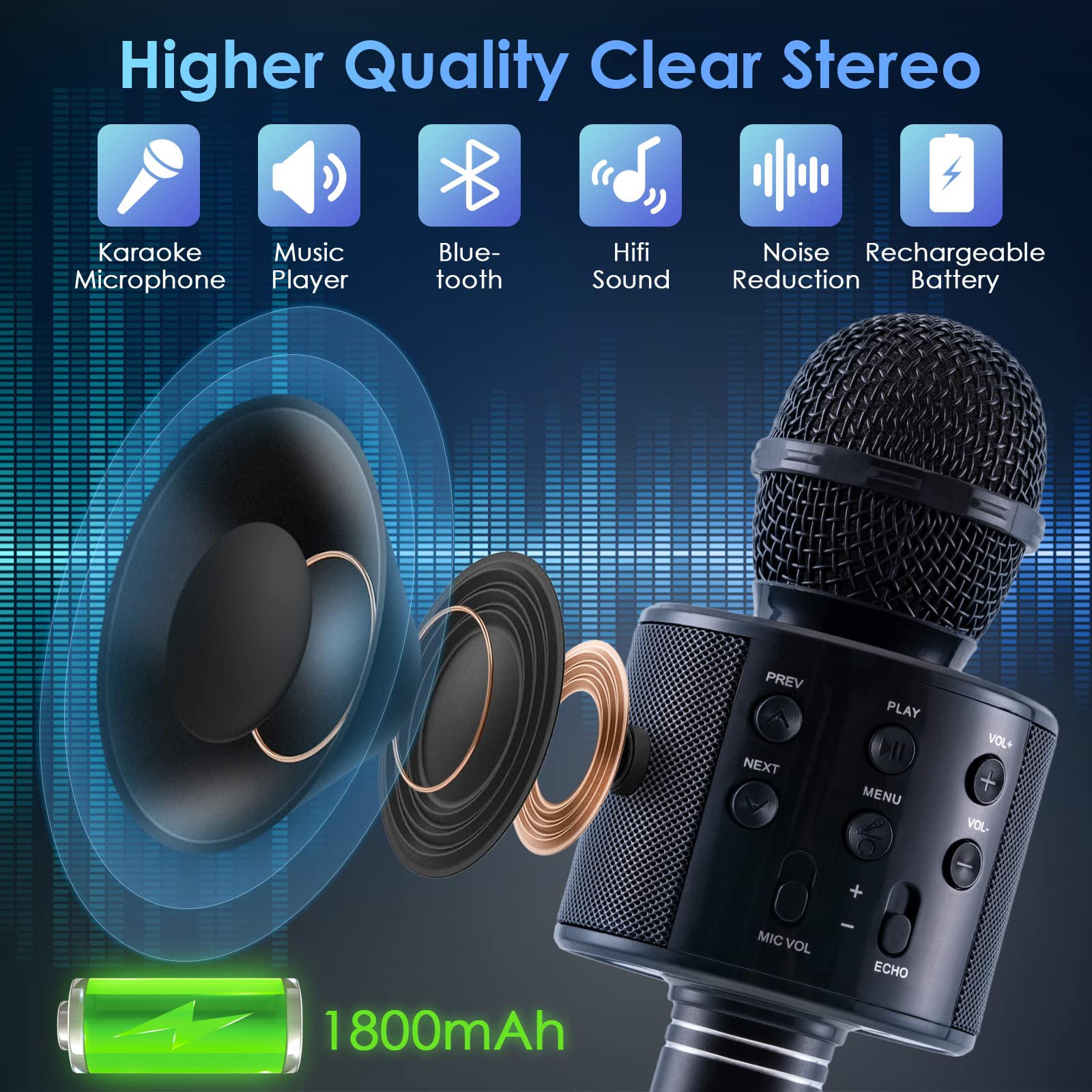 Sovvid Karaoke Microphone for Kids with Animal Stickers, Wireless Bluetooth Karaoke Mic for Singing, Portable Handheld Mic Speaker Player Machine, for Teens Adults All Age(Black)