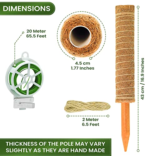 Moss Pole for Plants Monstera - 51.1” Stackable Plant Poles for Potted Plants Indoor and Outdoor (4 Pcs) – 16.9” Long Natural Coir Moss Sticks with Garden Twist Ties and Jute Rope