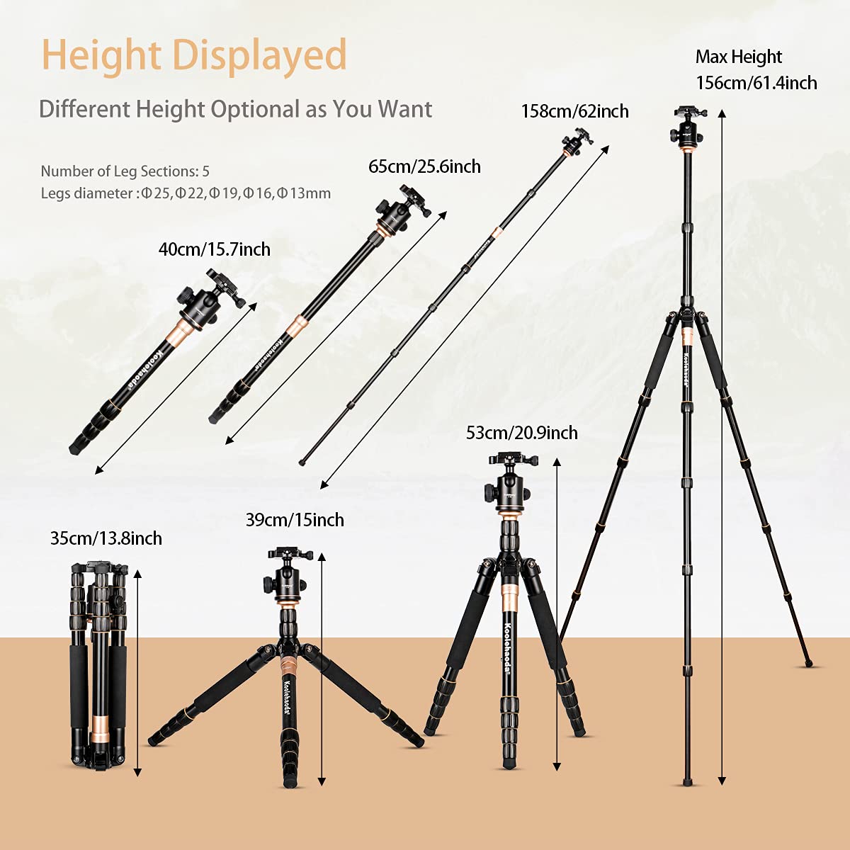 Koolehaoda 61.5" Portable Camera Tripod Compact Aluminium Tripod Monopod with 360 Degree Ball Head for SLR Camera, Max Load 15kg