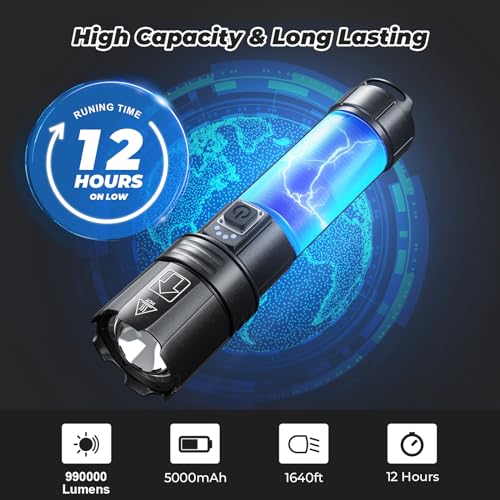 lemihui Rechargeable LED Flashlight High Lumens, 990,000 Lumens Bright Powerful Flashlight, 5 Modes, IPX6 Waterproof Handheld Flash Light for Camping Hiking