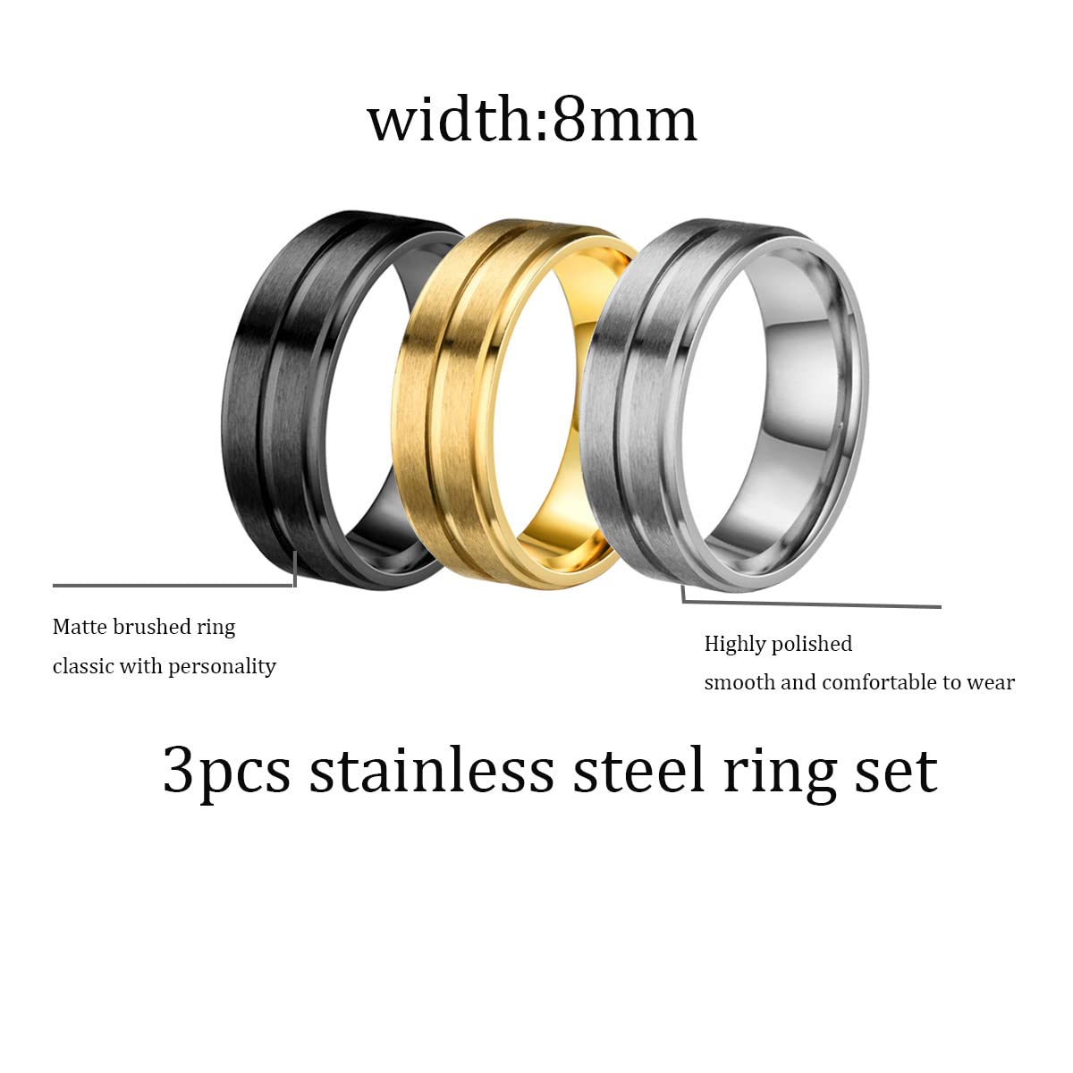 nylry Stainless Steel Ring for Men Matte Brushed Ring Cool Shell Band Rings Classic Simple Plain Ring Wedding Band Ring Comfort Fit Set for Women Men Size 6 to 12 3PCS 9