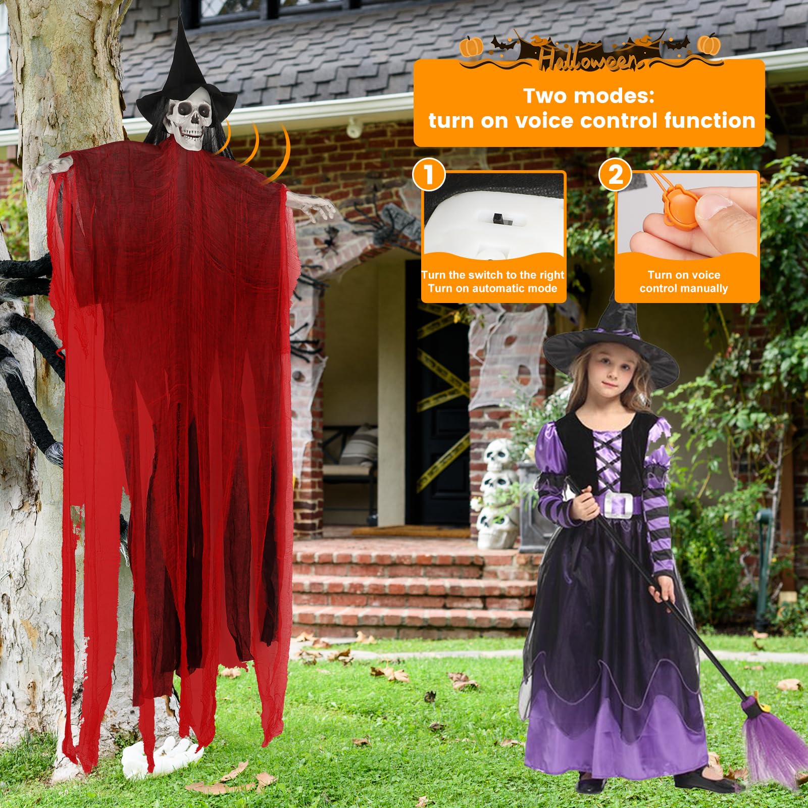 Lemon Legend Hallowen Decorations Outdoor - 78” Moving Life-Size Skeleton Witch with Glowing Eyes & Chilling Sounds - Sound & Touch Activated Sensor - Animatronic Scary Props Decor for Halloween