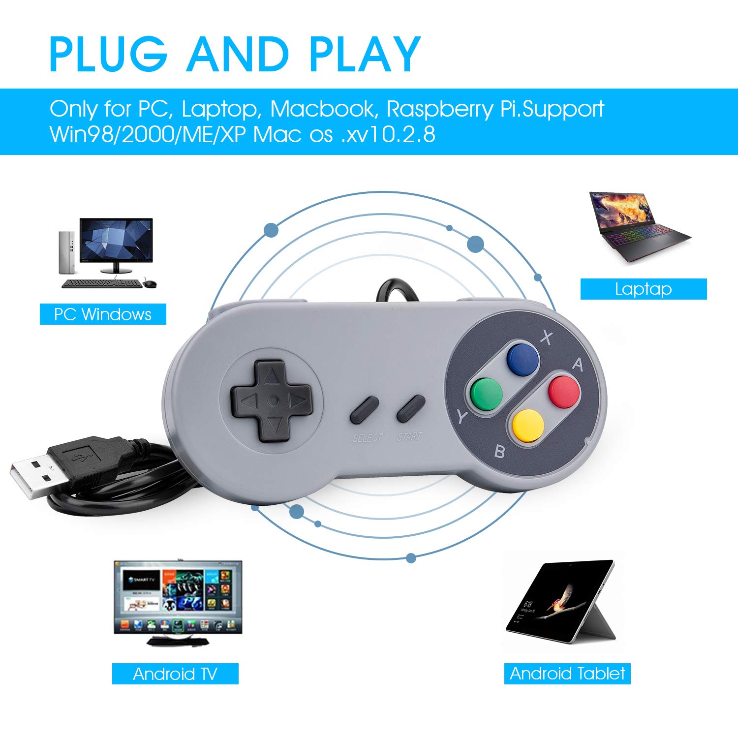 mafiti Game Controller SNES Retro USB Controller Joystick for Windows PC MAC Linux Raspberry Pi 2 Pack (Grey)
