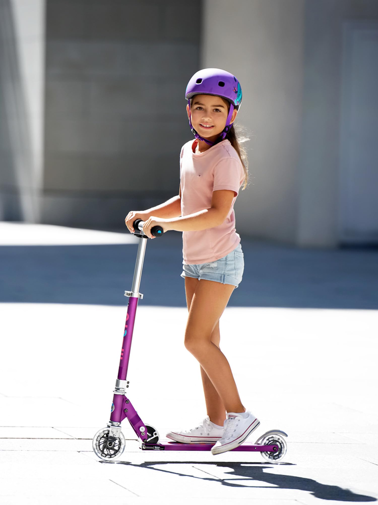 Micro Kickboard- Sprite LED - 2 Wheeled Kick Scooter Ages 6+, fold-to-Carry, Lightweight, Portable Scooter with Motion-Activated Light-up Wheels (Purple Stripe)