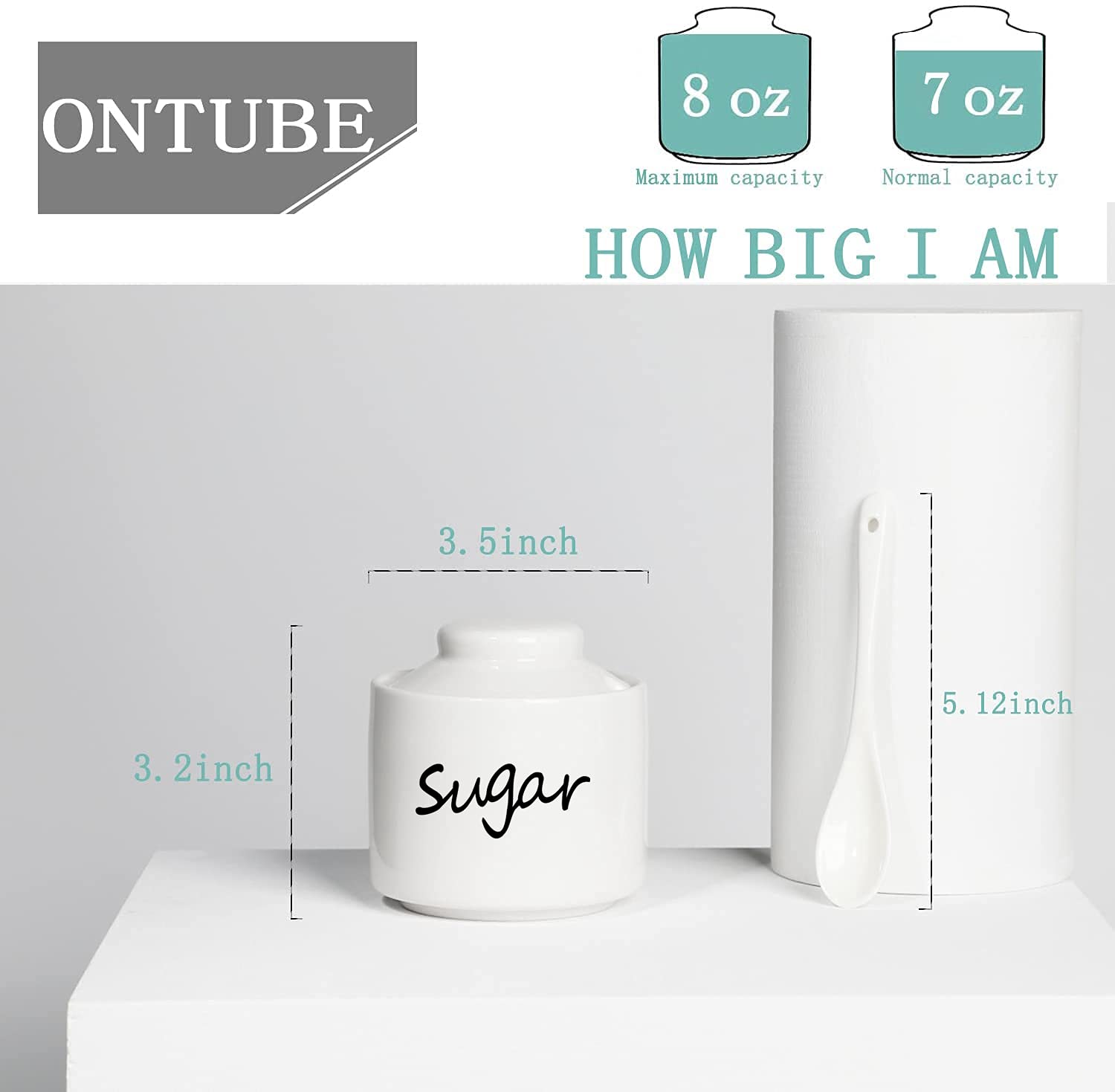 ONTUBE Ceramic Sugar Bowl with Lid and Spoon,Porcelain Sugar Pot,8oz (White)