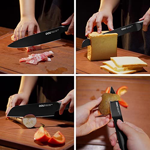 OOU Kitchen Knife Block Set - 8 Pieces High Carbon Stainless Steel Kitchen Knife Sets, Anti-Rust Black Knife Set with Universal Knife Holder