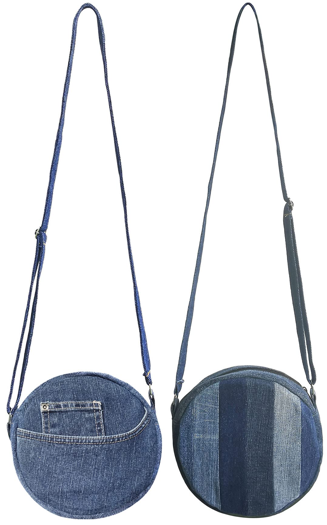 Upcycling Blue Denim Handmade Vintage DIY Patchwork Round Shape Purse Crossbody Sling Bag Handbag for Women (Style 4)