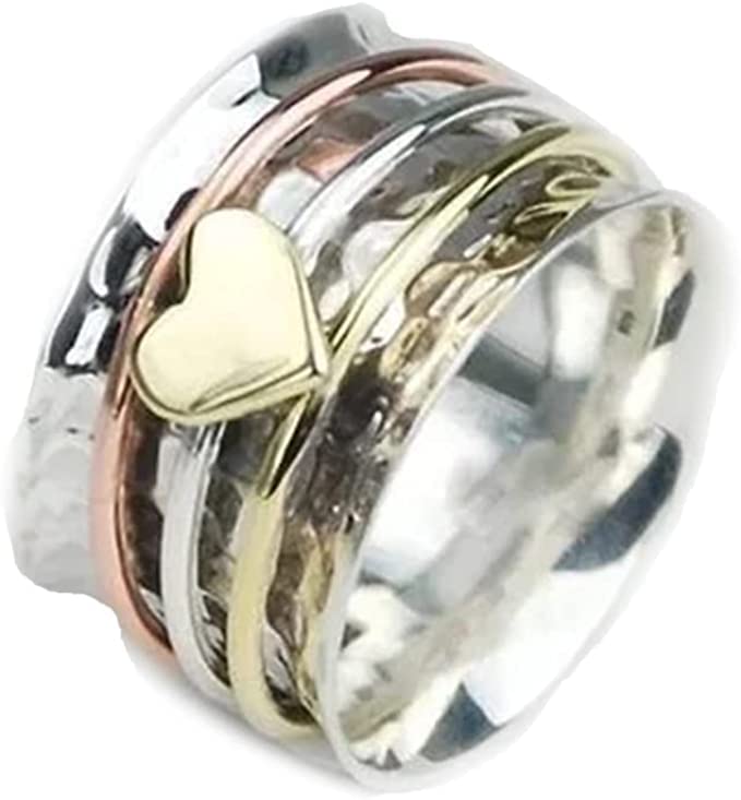 Self Love Spinner Heart Ring, Anxiety Relief Ring Plain Hammered Spinner Band Rings Heart Design Spinner Ring 925 Sterling Silver, Love Ring for Women Gift (8)