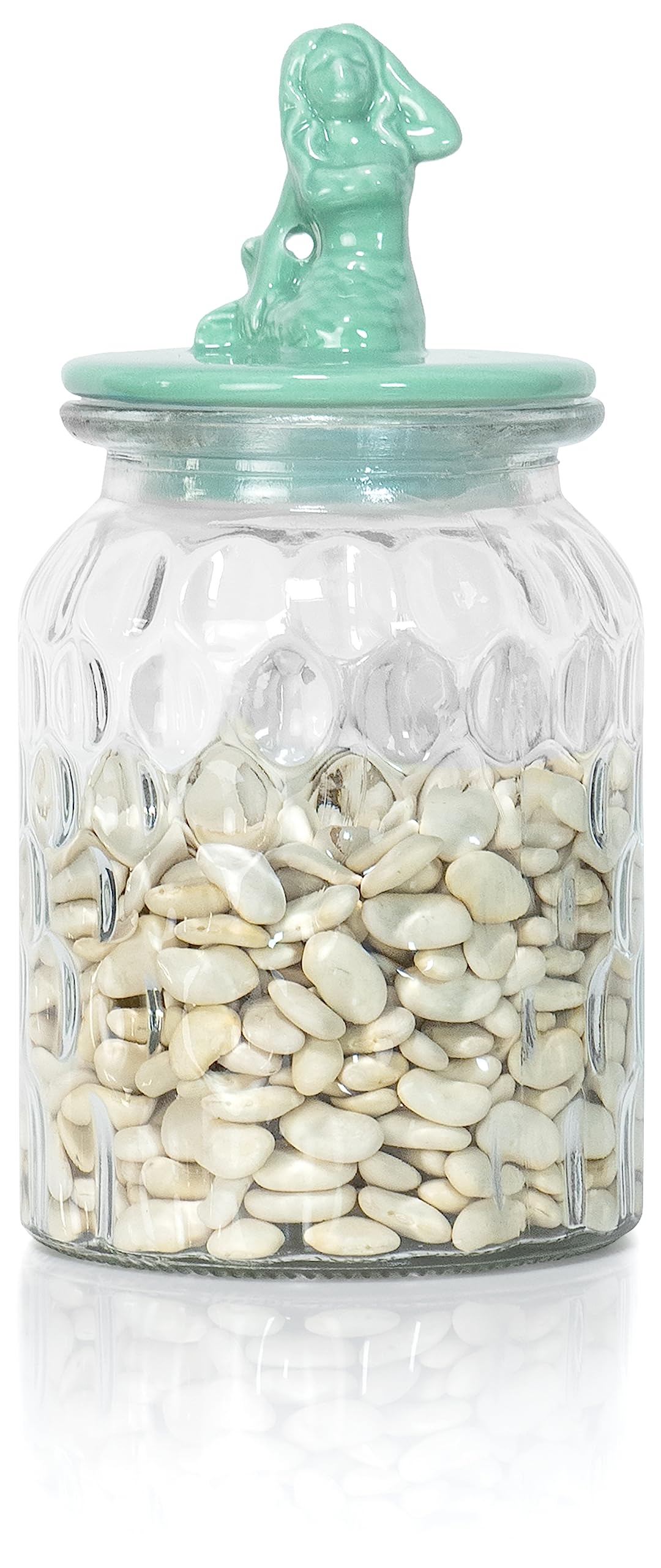 Red Co. 32.75 Oz Dimpled Glass Food Storage Jar with Mermaid Ceramic Airtight Lid, Clear/Teal Blue