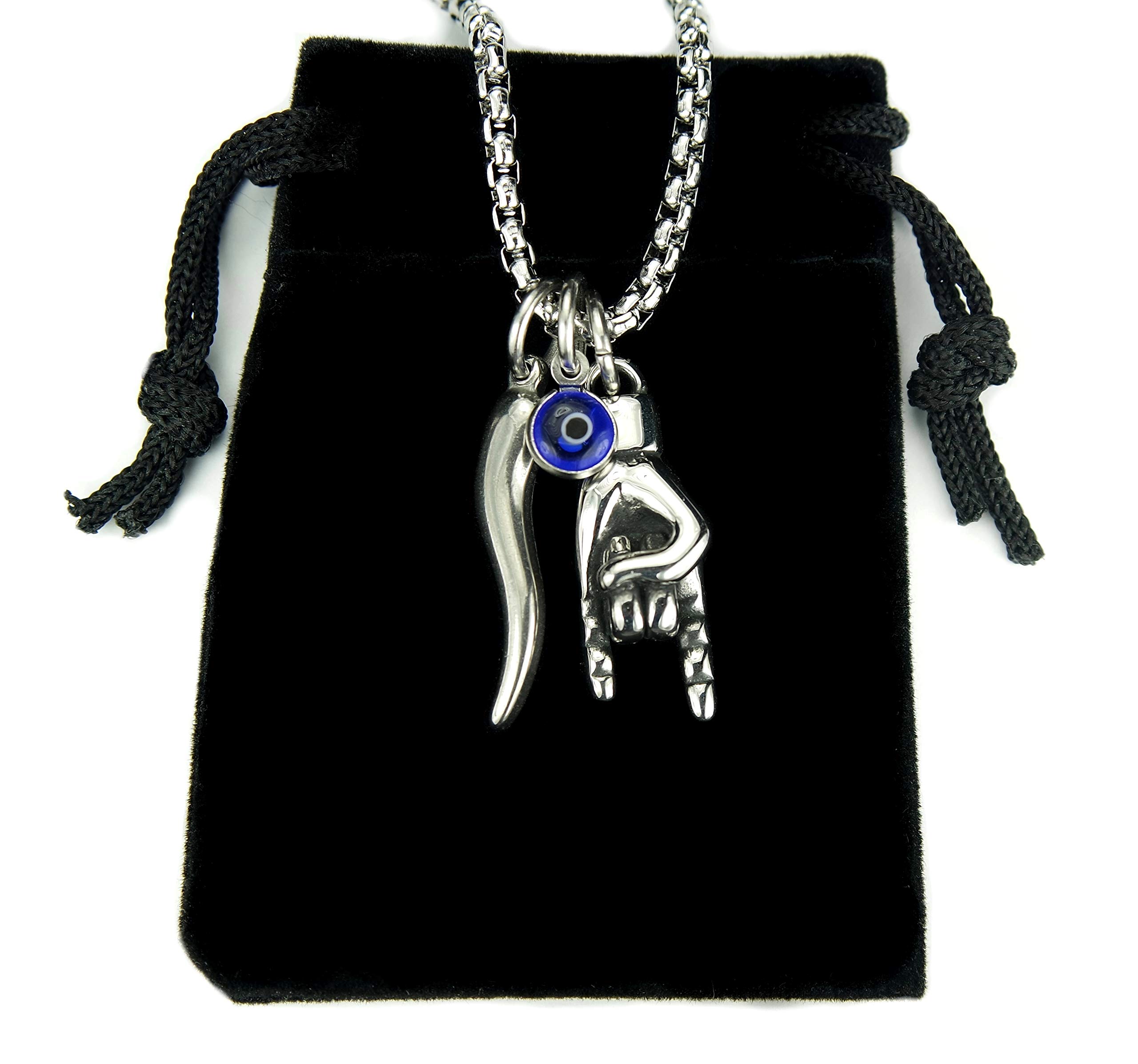 Mano Cornuto, Cornicello, and Nazar combo Necklace, on 24" Box Chain, Italian Lucky Hand Horn Anti Evil Eye Good Luck Amulet Protection Charms All Stainless
