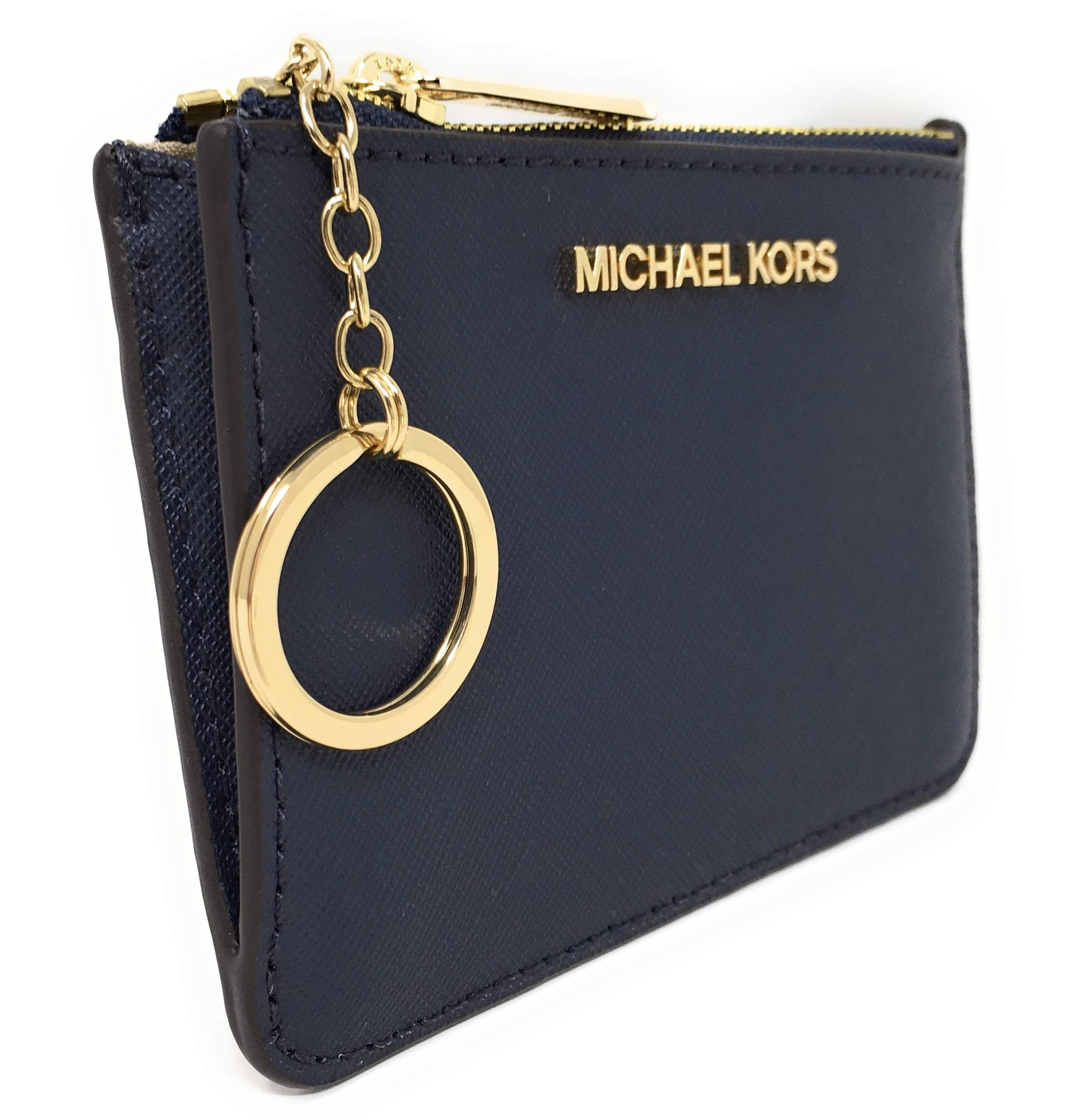 Michael Kors Jet Set Travel Small Top Zip Coin Pouch with ID Holder in Saffiano Leather (Navy with Gold Hardware)