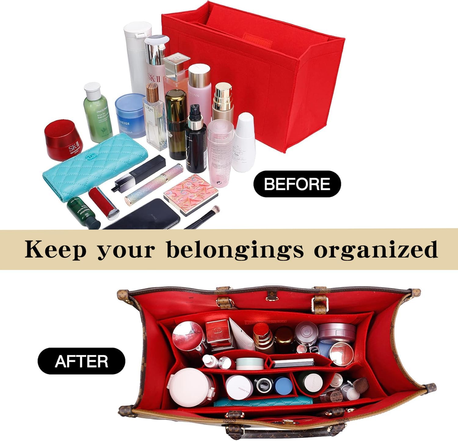OAikor Bag Organizer Insert for Onthego GM 40 Handbag & Small D Book Tote, Felt Tote Bag Insert Organizer with Zipper and Cover, 9 Compartment, Bag in Bag(XL, Red)