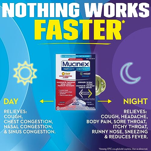 Mucinex Maximum Strength Fast-Max Day Severe Congestion & Cough & Nightshift Night Cold & Flu, Fast Release, Powerful Multi-Symptom Relief, 40 caplets (24 Day time + 16 Night time)
