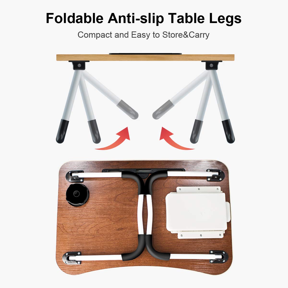 Lap Desk Foldable Bed Table Portable Multi-Function Lap Bed Tray Table with Storage Drawer and Cup Slot, Notebook Stand Breakfast Bed Tray for Sofa, Bed, Terrace, Balcony, Garden