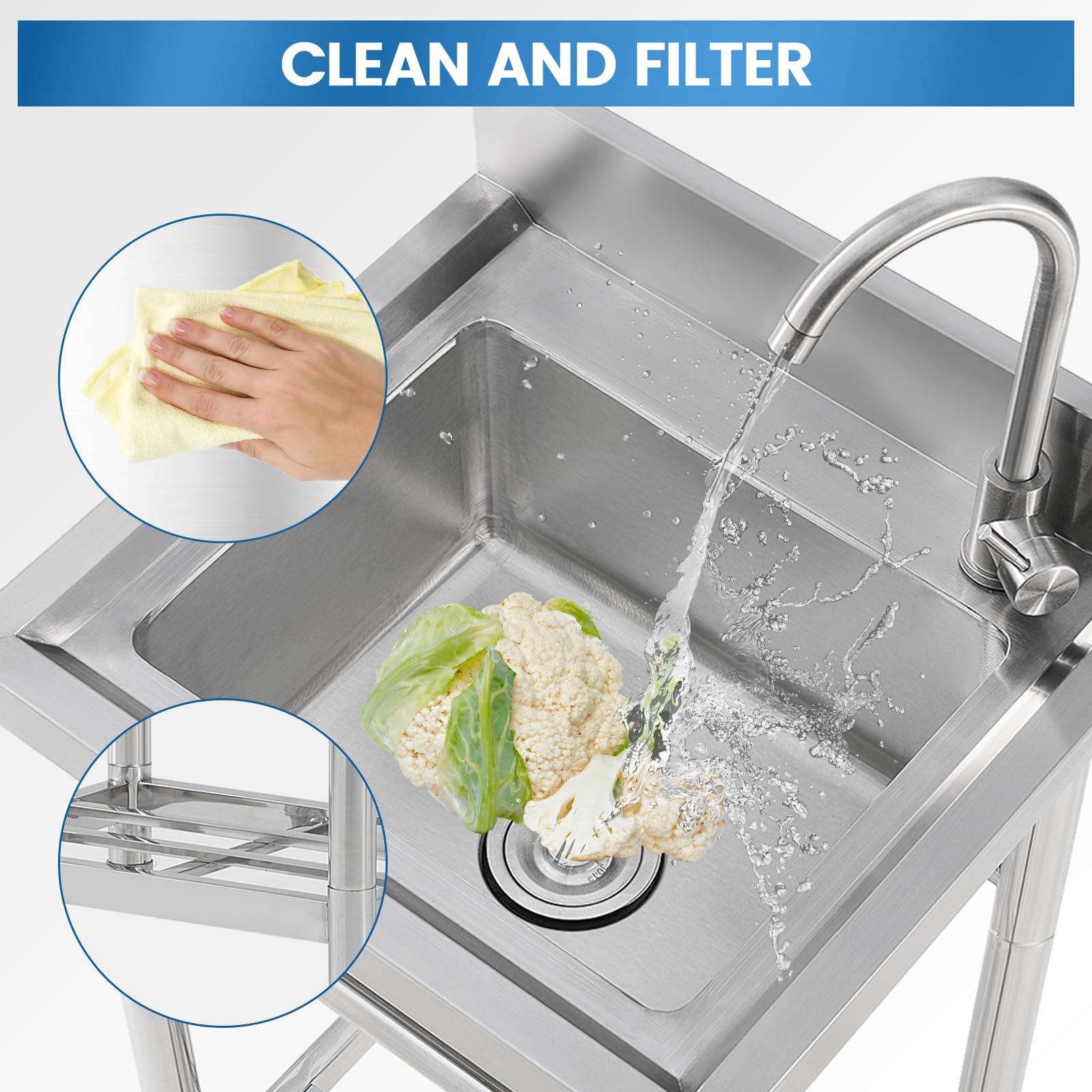 KUARBARR Stainless Steel Utility Sink Free Standing Single Bowl Set Prep Sink Station for Restaurant Kitchens Laundry Room Bathroom Farmhouse 22 Inches