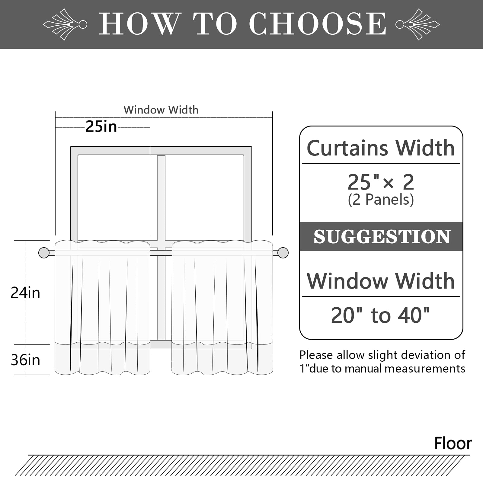 MRTREES Sheer Kitchen Tier Curtains, Short Cafe Curtains Rod Pocket, Small Scroll Damask Printed Bathroom Window Curtains Basement Damask Flower Print Tiers(2 Panels, 25x24 Inches, Taupe on White)