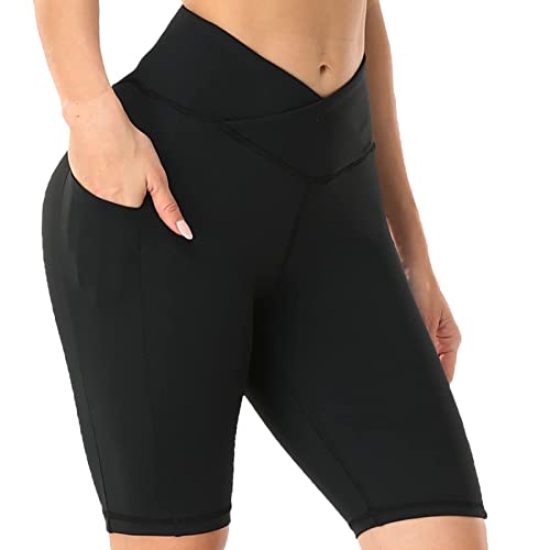 RAYPOSE Womens Running Athletic Biker Shorts with Pockets Cross Waist Plus Size Hiking Lounge Summer Casual 8" Black-L